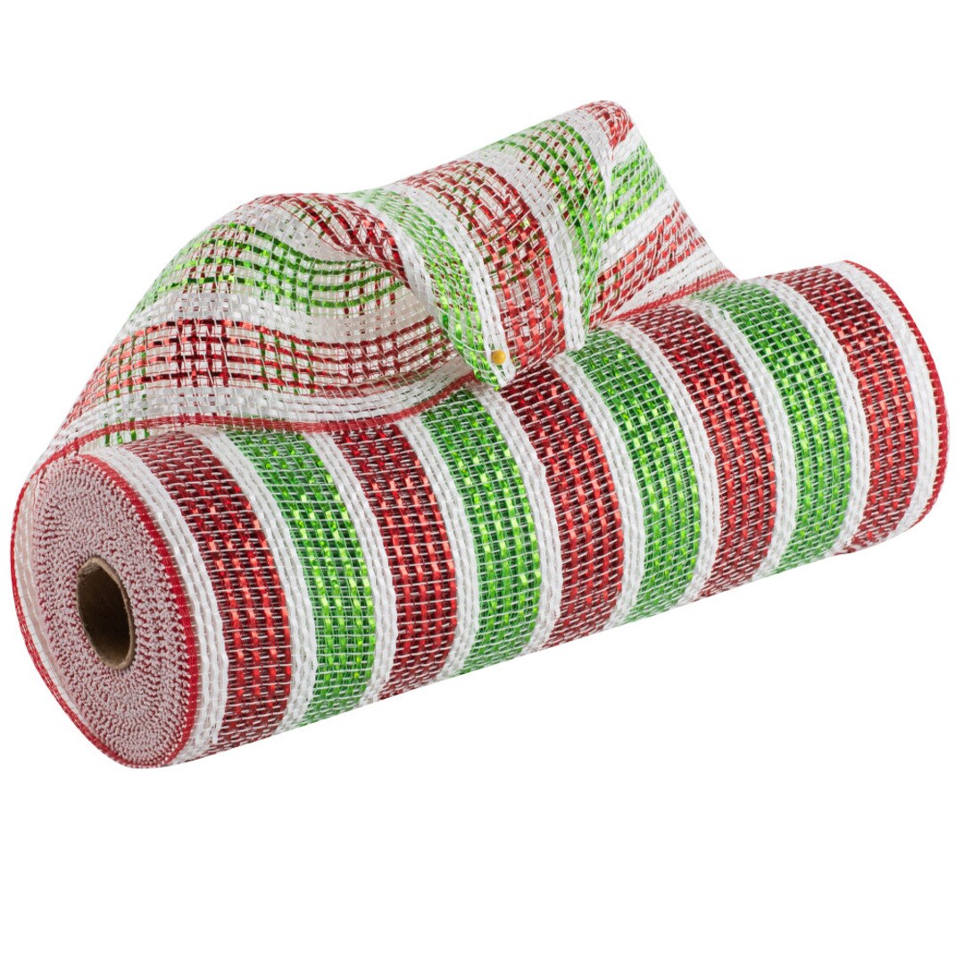 Festive Christmas Striped Deco Mesh - 10" X 10 Yards, Red, White & Lime ...