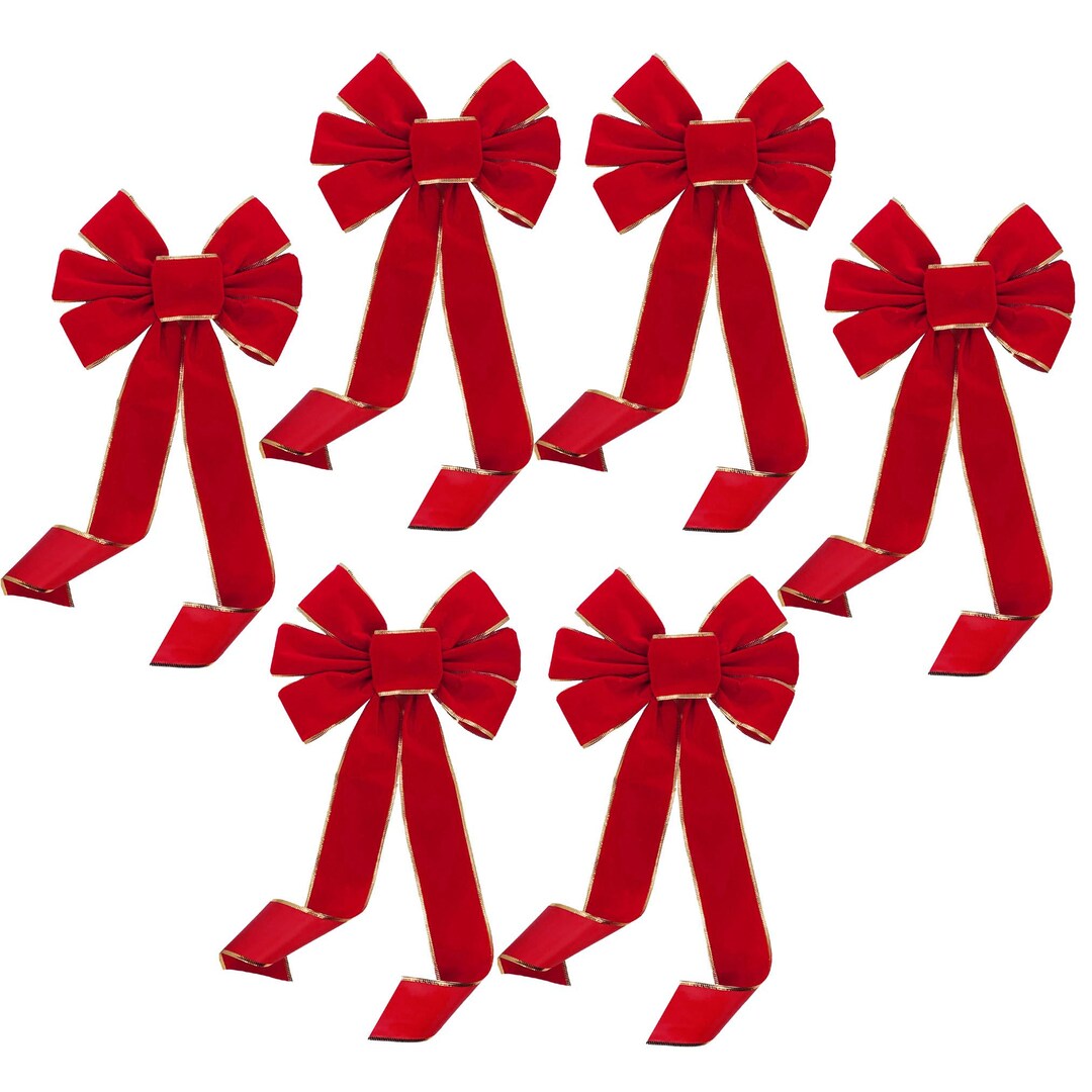 6 Large Red Velvet Bows With Gold Trim Holiday Decor - 10" Wide ...