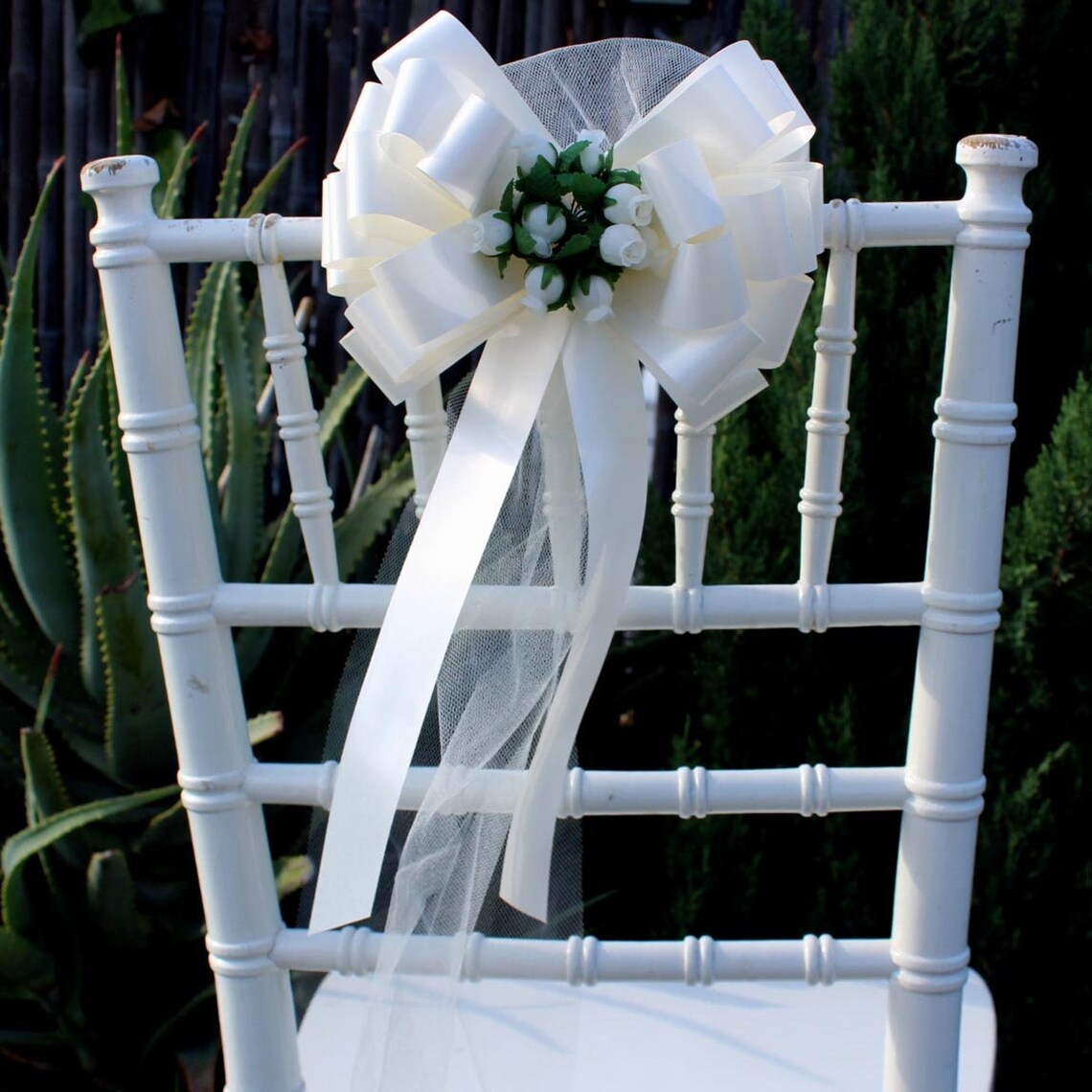 Ivory Wedding Pull Bows With Tulle Tails and Rosebuds - 8" Wide, Set of ...