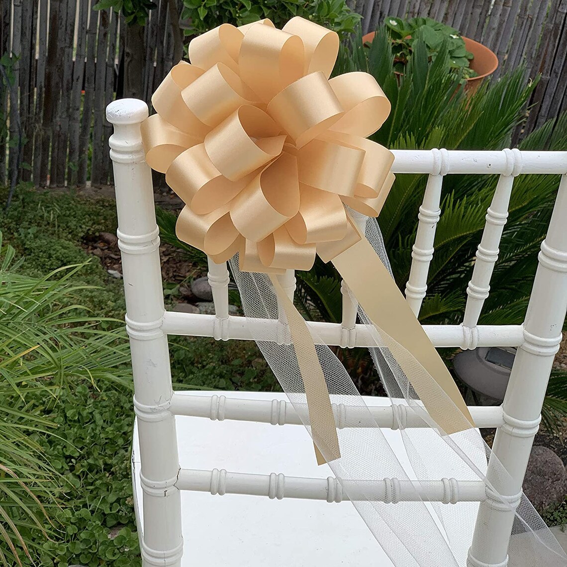 Beige Wedding Pull Bows With Ivory Tulle Tails - 8" Wide, Set of 6 ...