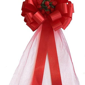 Red Pull Bows With Tulle Tails and Rosebuds - 8" Wide, Set of 6 ...