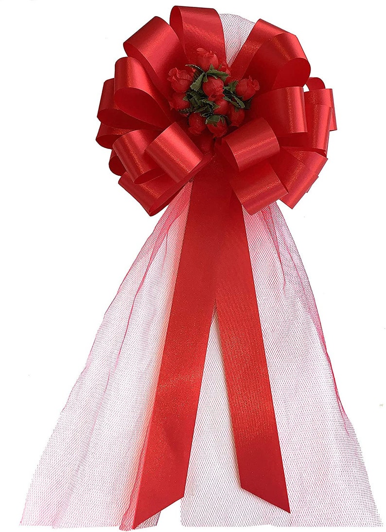 Red Pull Bows With Tulle Tails and Rosebuds 8 Wide - Etsy