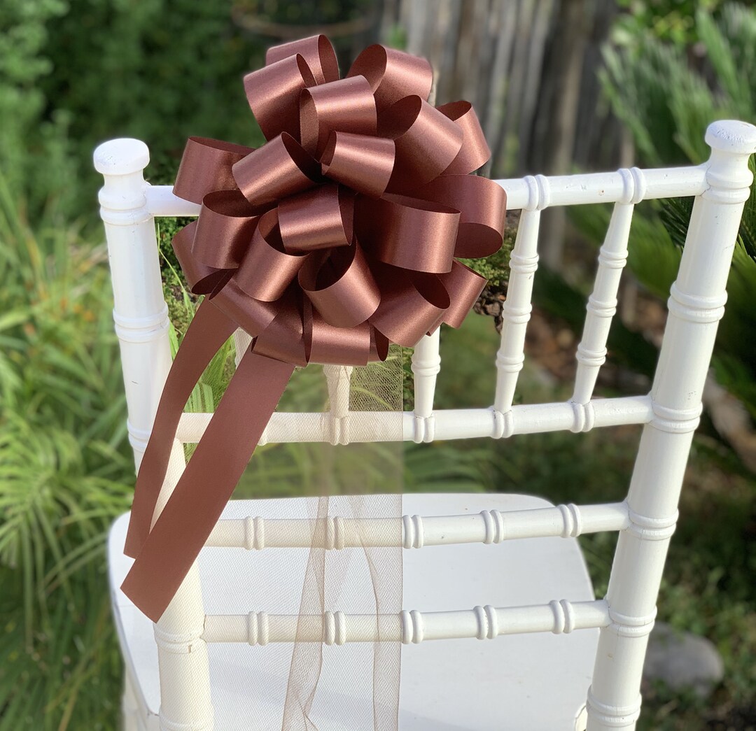 Brown Pull Bows With Tulle Tails - 8" Wide, Set of 6, Wedding Pew Bows ...