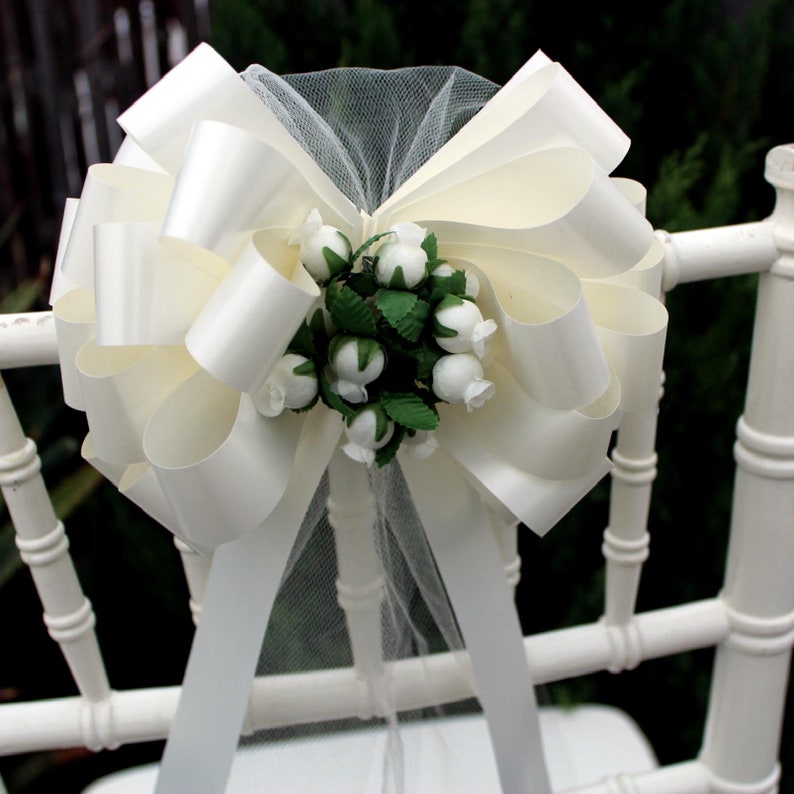 Ivory Wedding Pull Bows With Tulle Tails and Rosebuds - 8" Wide, Set of ...