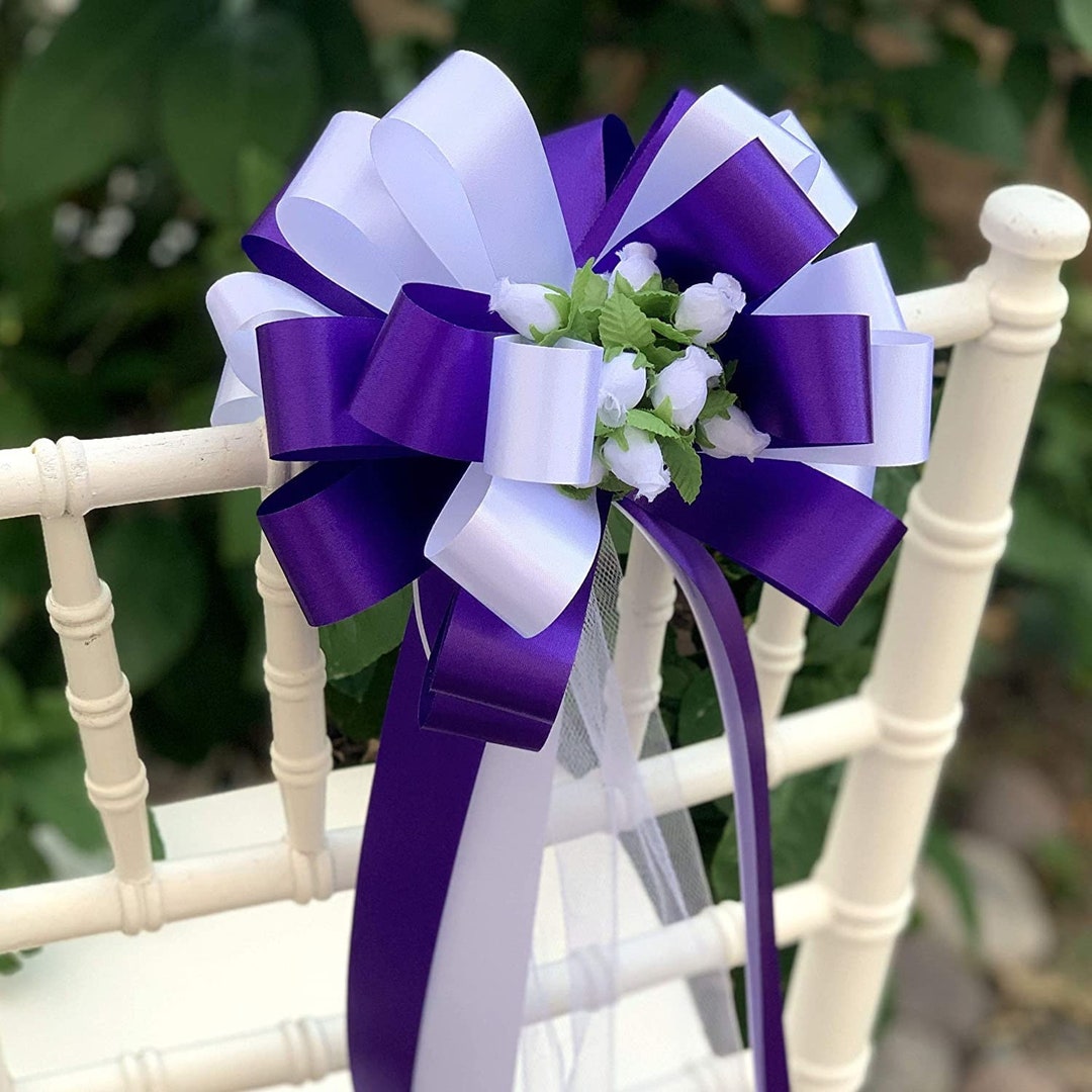 Purple & White Wedding Pull Bows With Tulle Tails and Rosebuds - 8 ...
