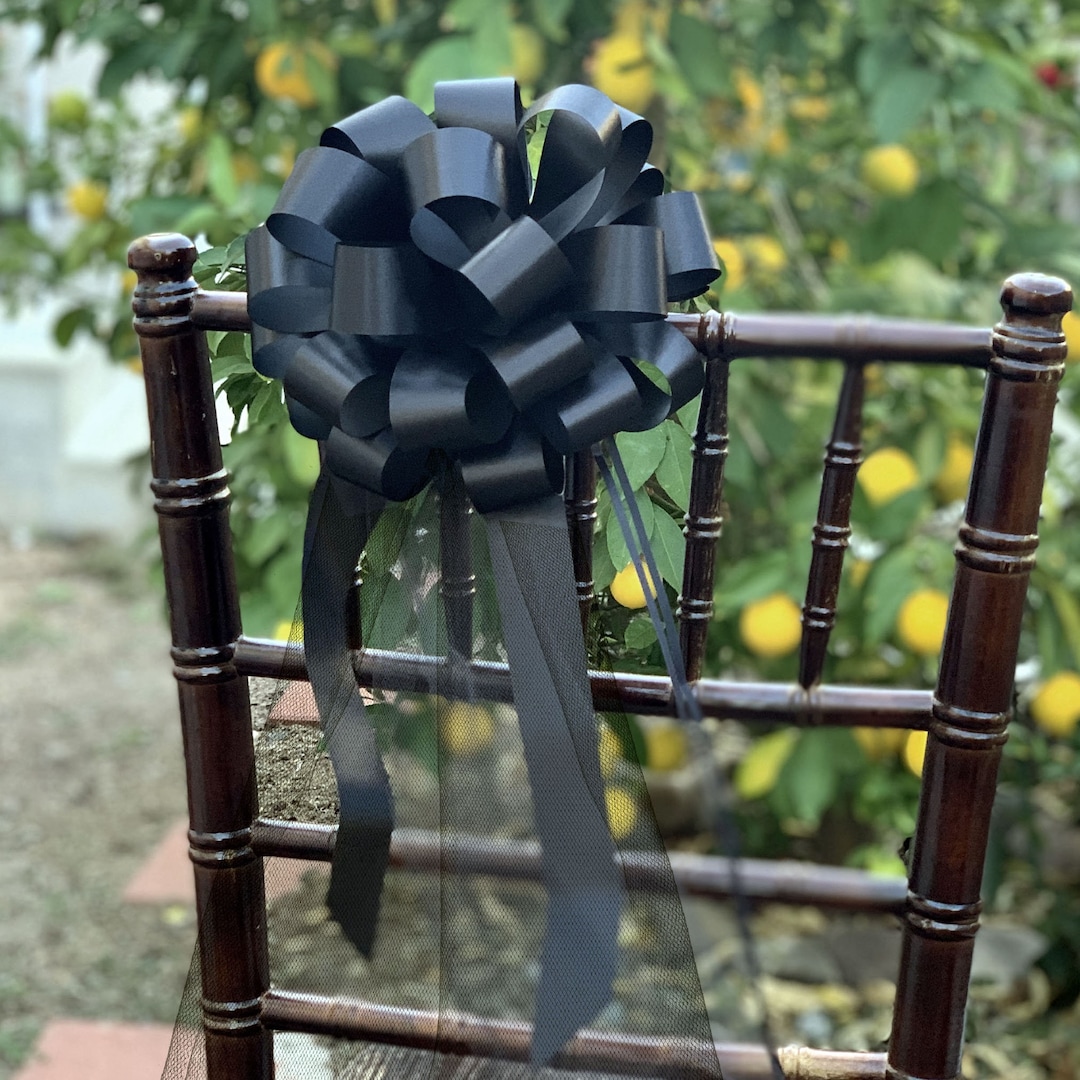 Black Pull Bows With Tulle Tails - 8" Wide, Set of 6, Halloween ...