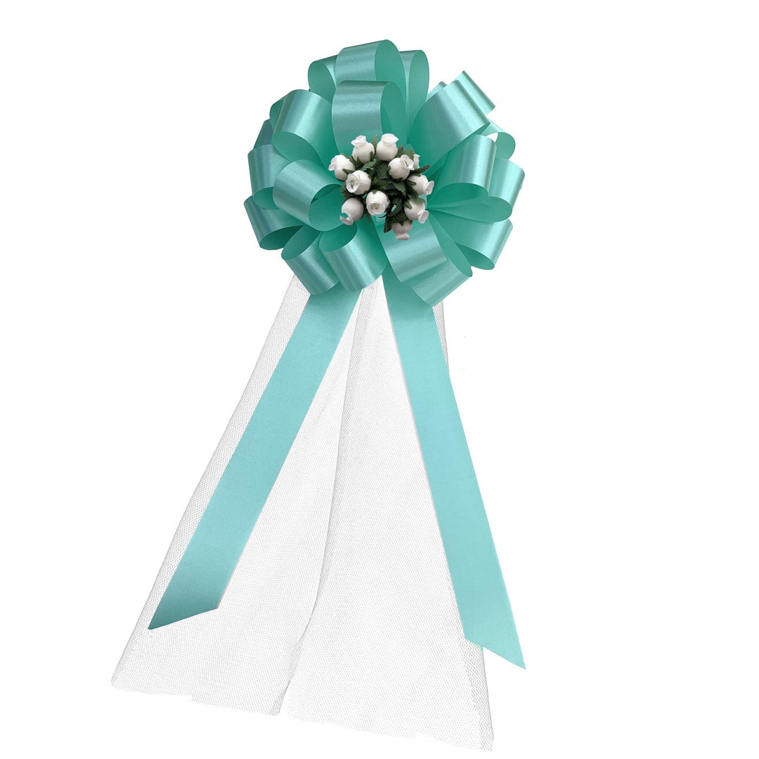 Bright Mint Pull Bows With Tulle Tails & Rosebuds - 8" Wide, Set of 6 ...