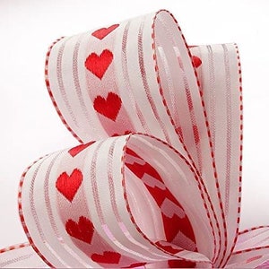 White Striped Hearts Valentine's Day Ribbon 1 1/2 X 25 Yards, Wired ...