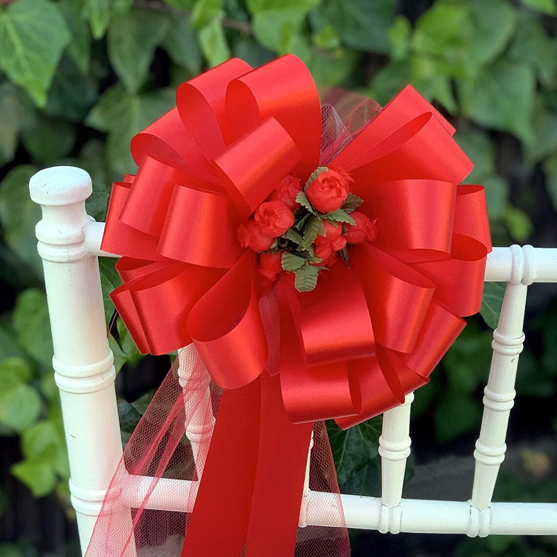 Red Pull Bows With Tulle Tails and Rosebuds 8 Wide - Etsy