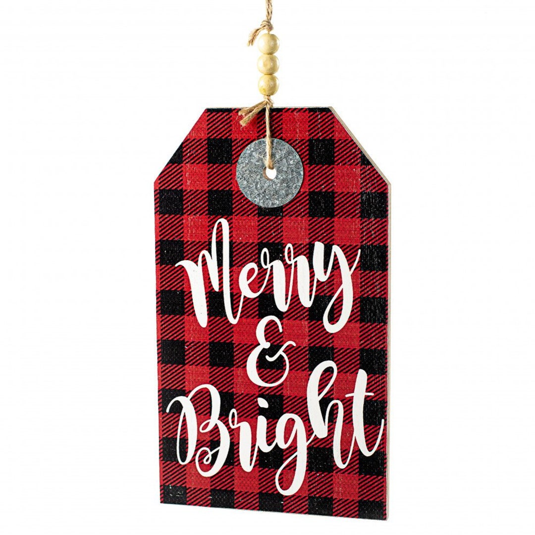 Merry & Bright Plaid Christmas Sign - 12" X 7", Red and Black Buffalo ...