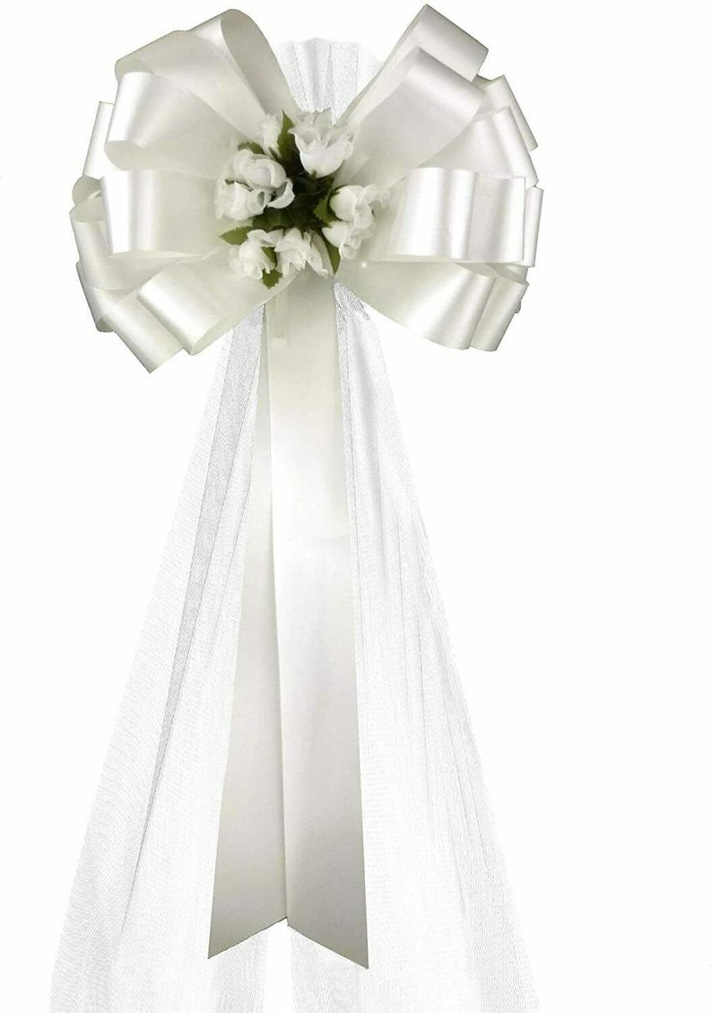 White Pull Bows With Tulle Tails and Rosebuds 8 Wide - Etsy