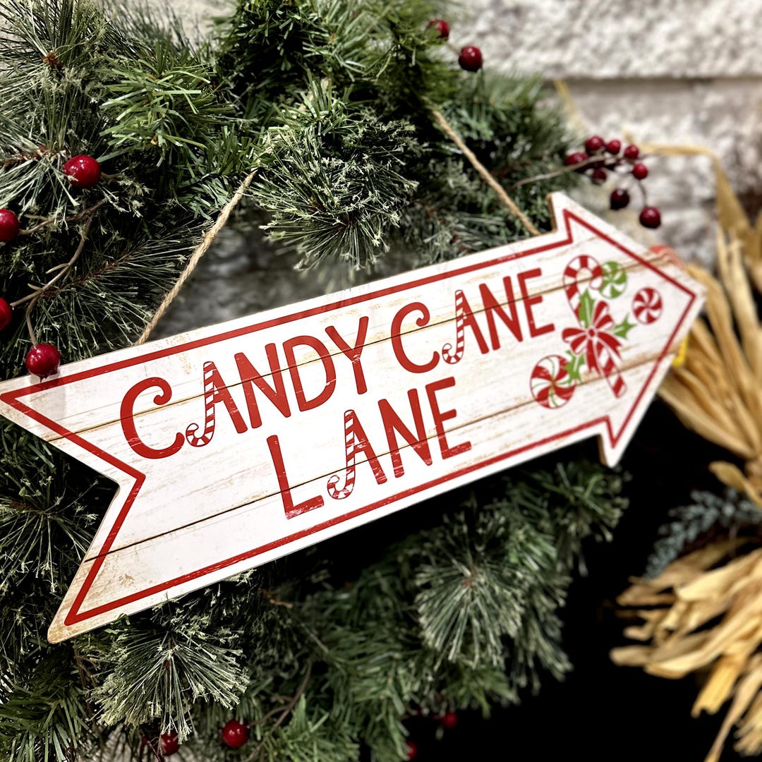 Candy Cane Lane Christmas Sign - 16" X 6.5", Red, Green, White, Wooden ...