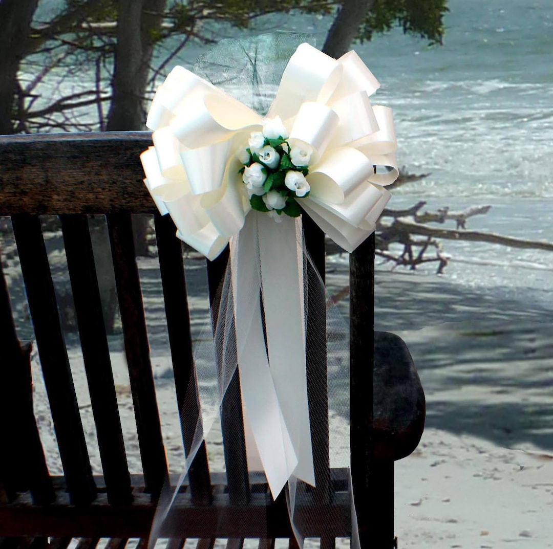 Ivory Wedding Pull Bows With Tulle Tails and Rosebuds - 8" Wide, Set of ...