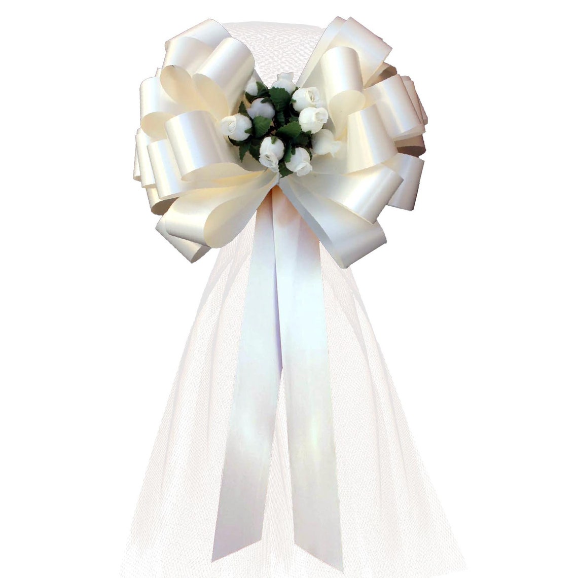 Ivory Wedding Pull Bows With Tulle Tails and Rosebuds - 8" Wide, Set of ...