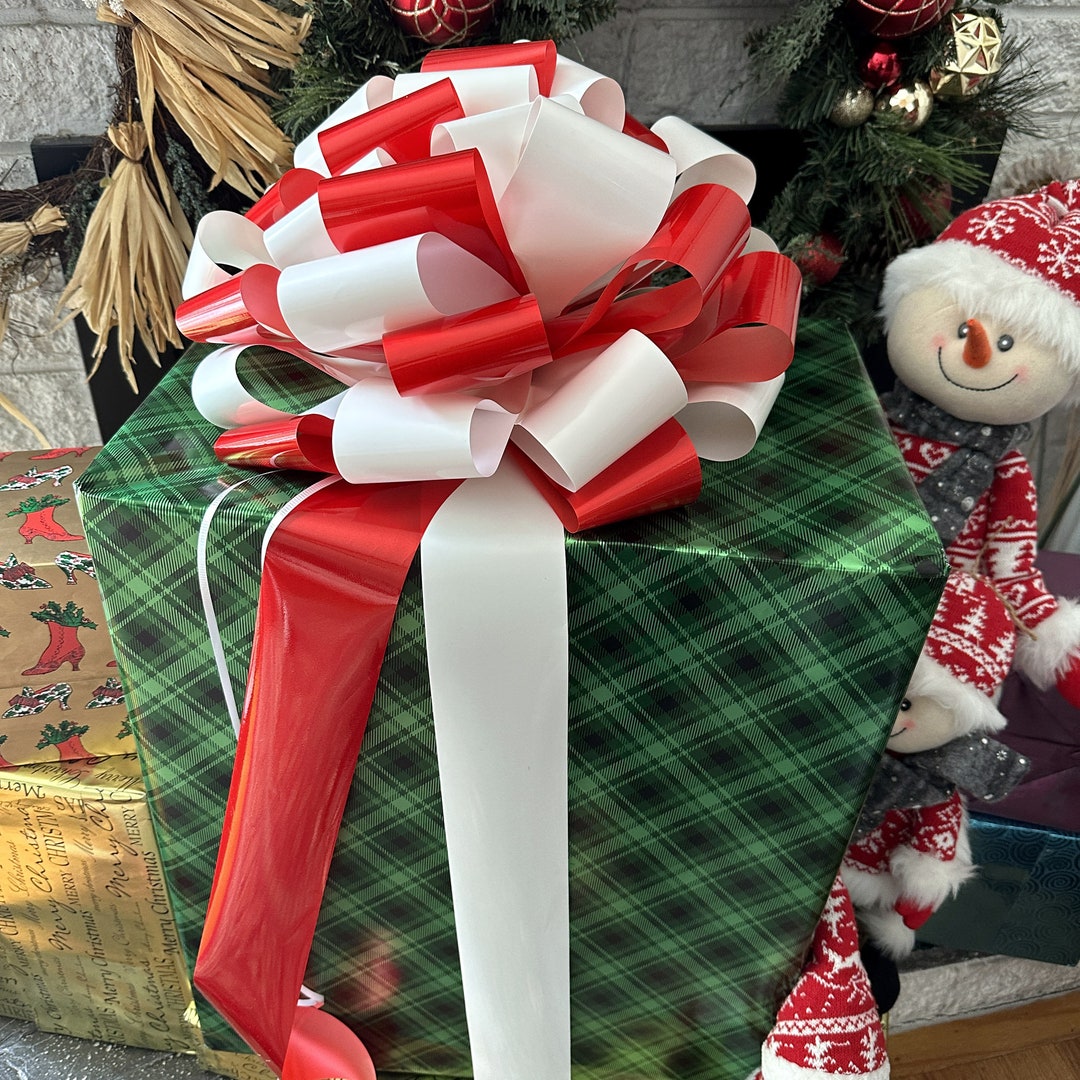 Fully Assembled Large Car Bow, 16" Wide - Red & White, Front Door Decor ...