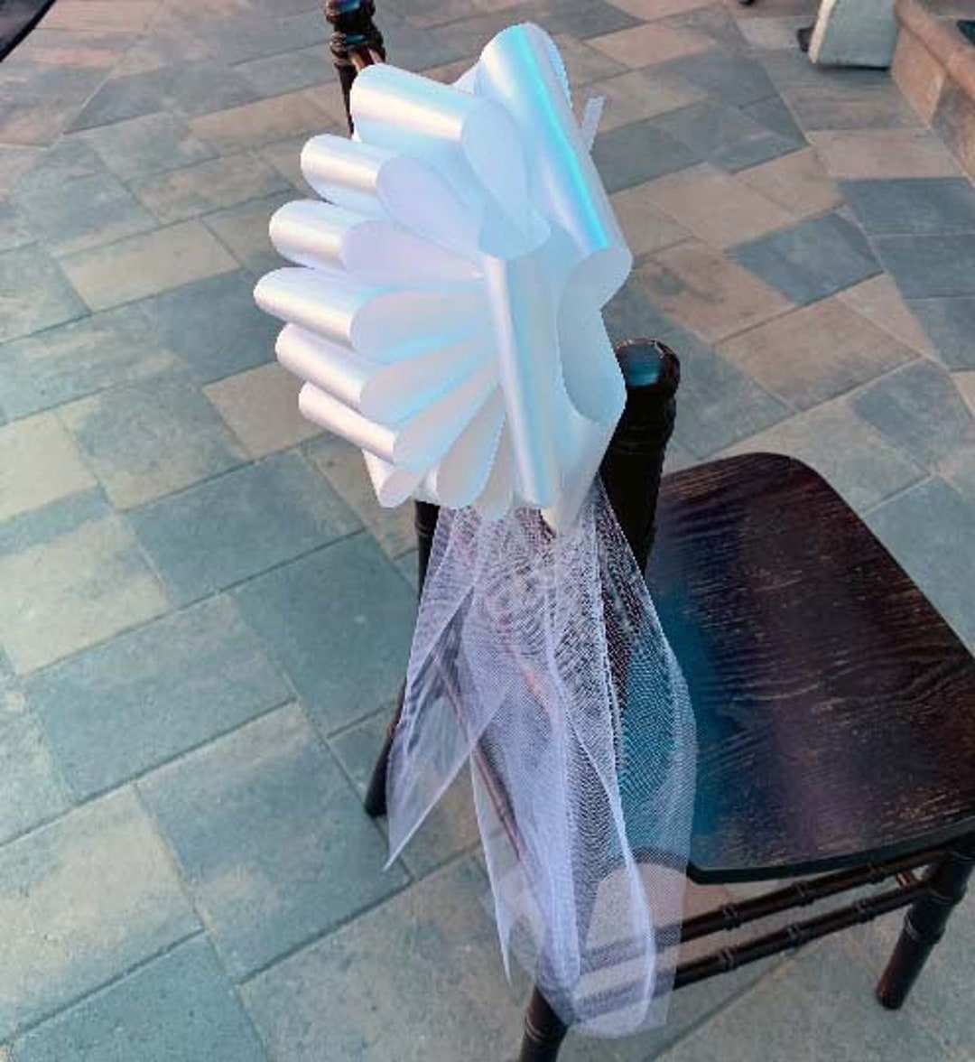 White Wedding Pull Bows With Tulle Tails - 8" Wide, Set of 6, Extra ...