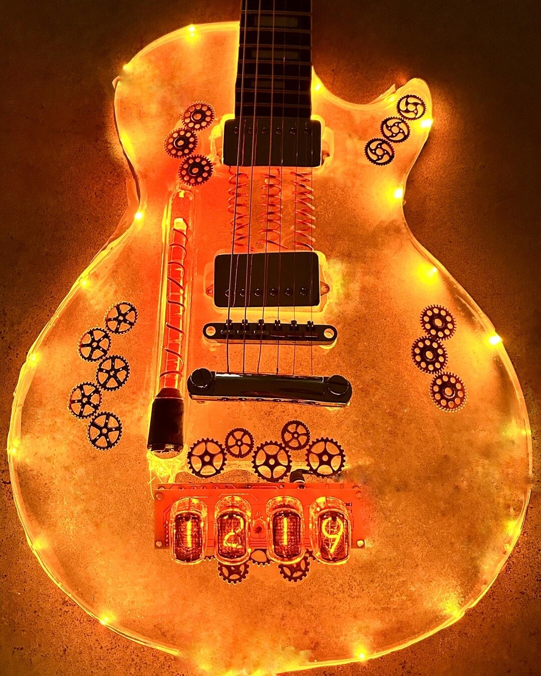 Post Apocalyptic Resin Guitar With Nixie Tube Clock and Glowing Spiral ...