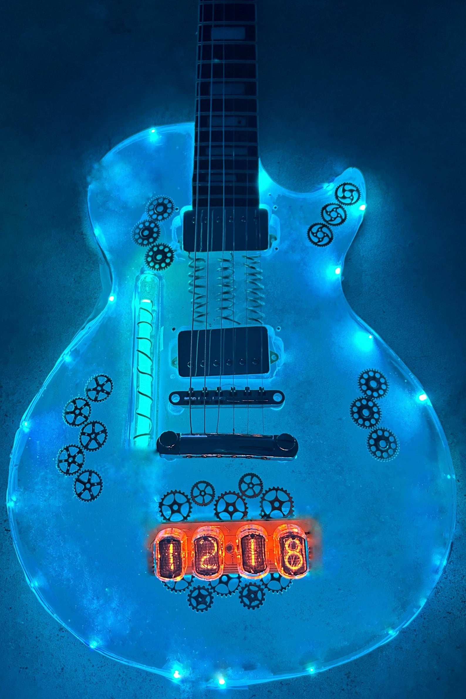 Post Apocalyptic Resin Guitar With Nixie Tube Clock and Glowing Spiral ...