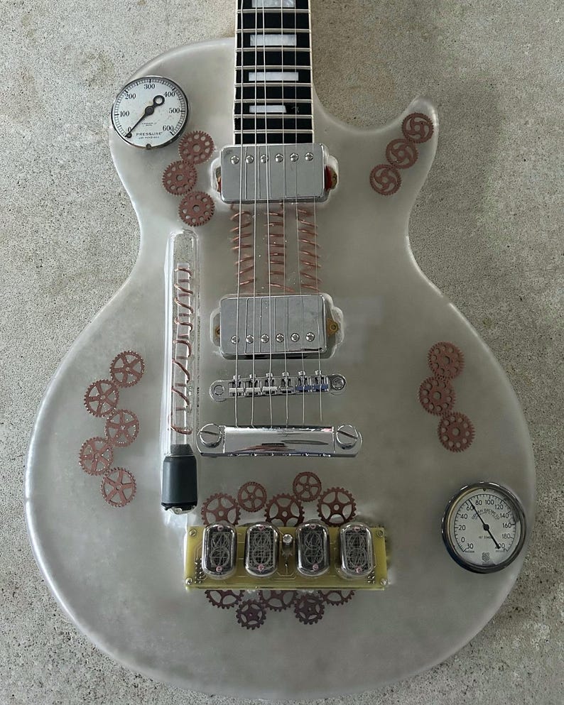 Post Apocalyptic Resin Guitar With Nixie Tube Clock and Glowing Spiral ...