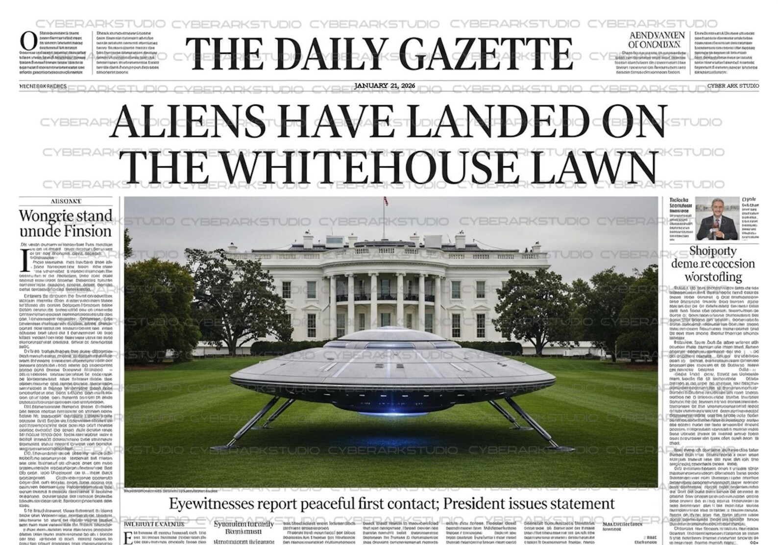 Newspaper Front Page Spoof, Aliens Have Landed on the Whitehouse Lawn ...
