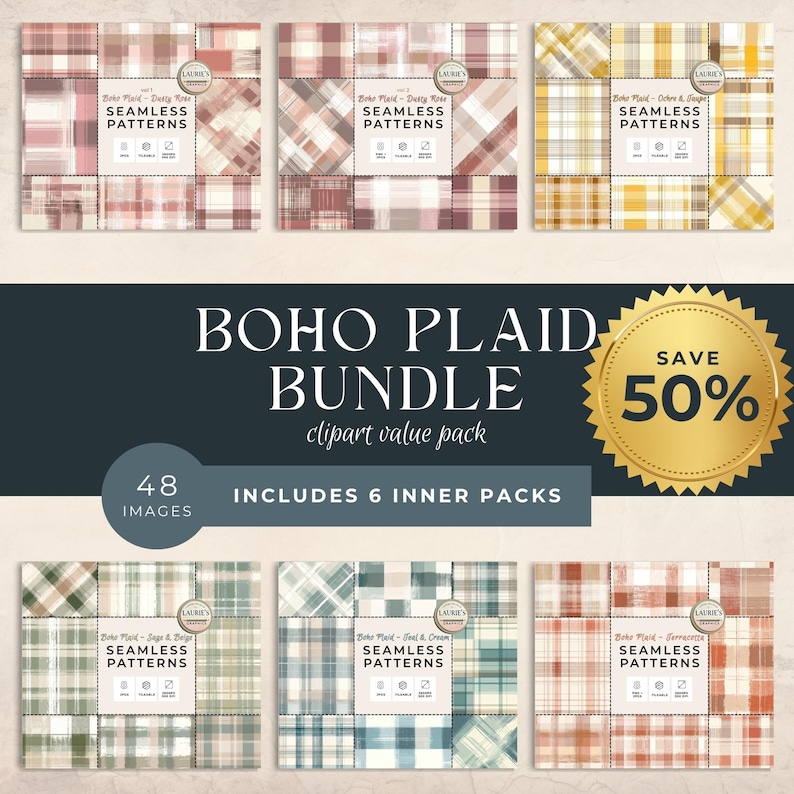 Boho Plaid Seamless Pattern Bundle: Plaid Digital Paper Pack in Warm ...