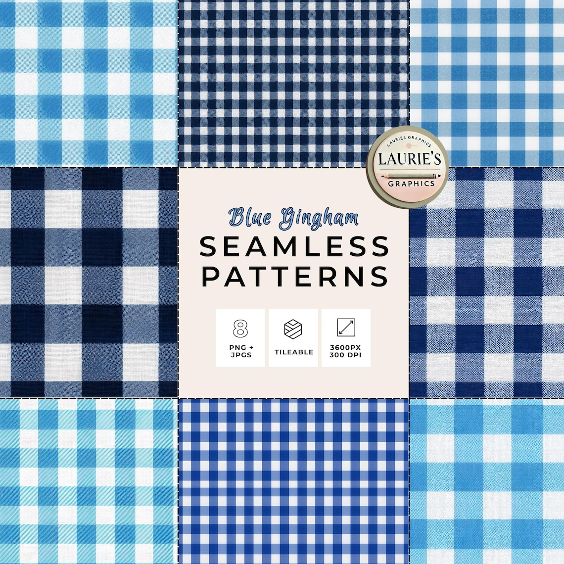 Blue Gingham Seamless Pattern Pack, Checkered Digital Paper for Baby ...