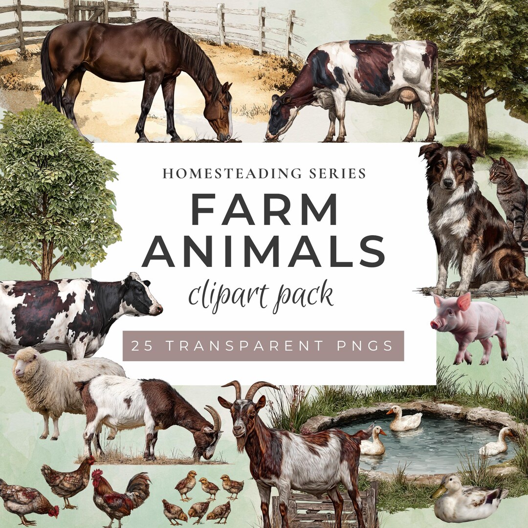 Rustic Farm Animals Clipart: Homesteading PNG Graphics (digital ...
