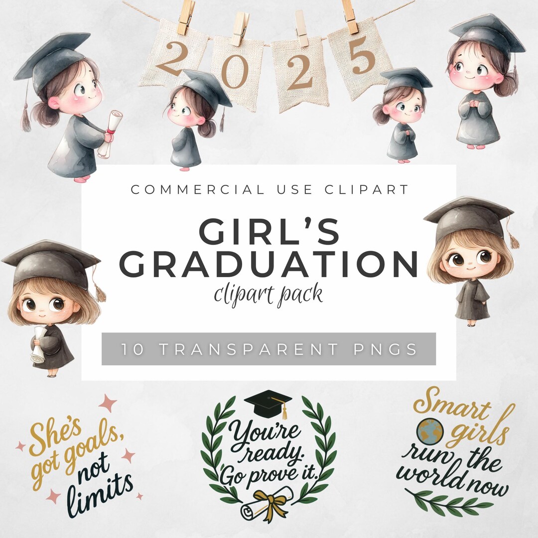 Girl Graduation Watercolor Clipart Pack With Cute Graduate ...