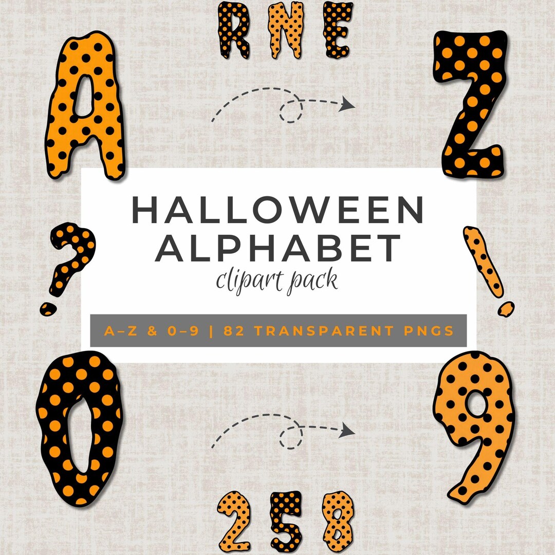 Halloween Alphabet Clipart Pack: A-Z Uppercase Letters, 0-9 Numbers, 5 ...