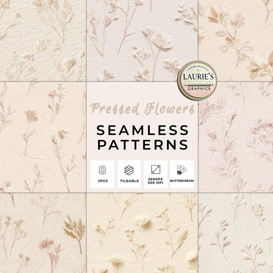 Pressed Flowers Seamless Patterns: Buttercream Botanical Textures ...