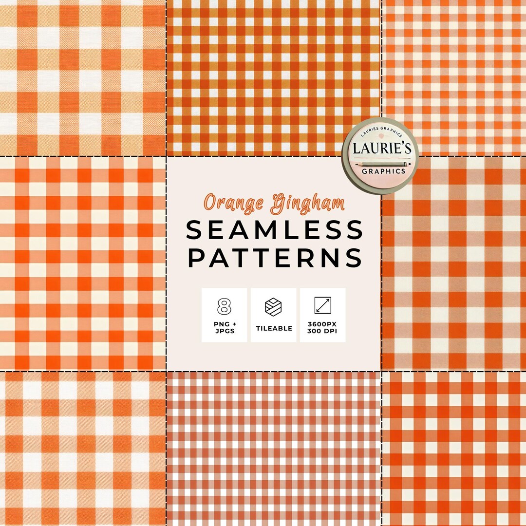 Orange Gingham Seamless Pattern Pack, PNG/JPG Fall Plaid Digital Paper ...