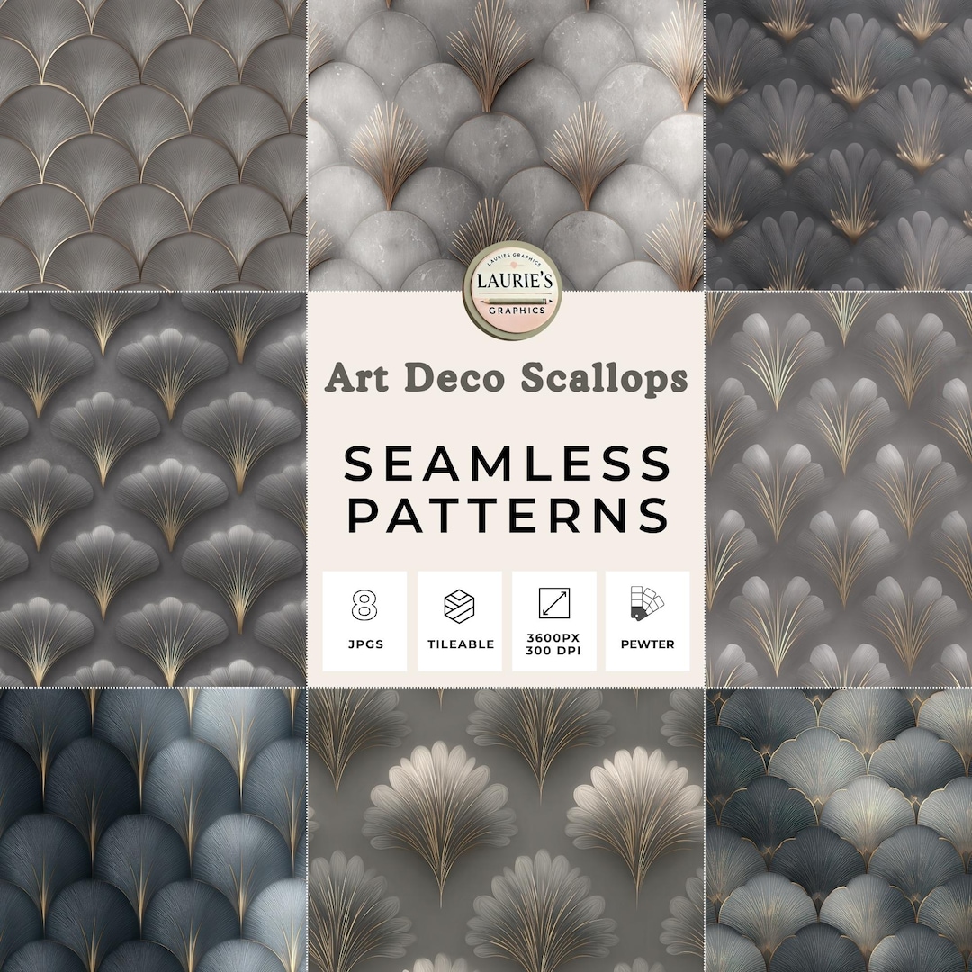 Art Deco Scallop Seamless Patterns - Elegant Pewter & Gold Luxury ...
