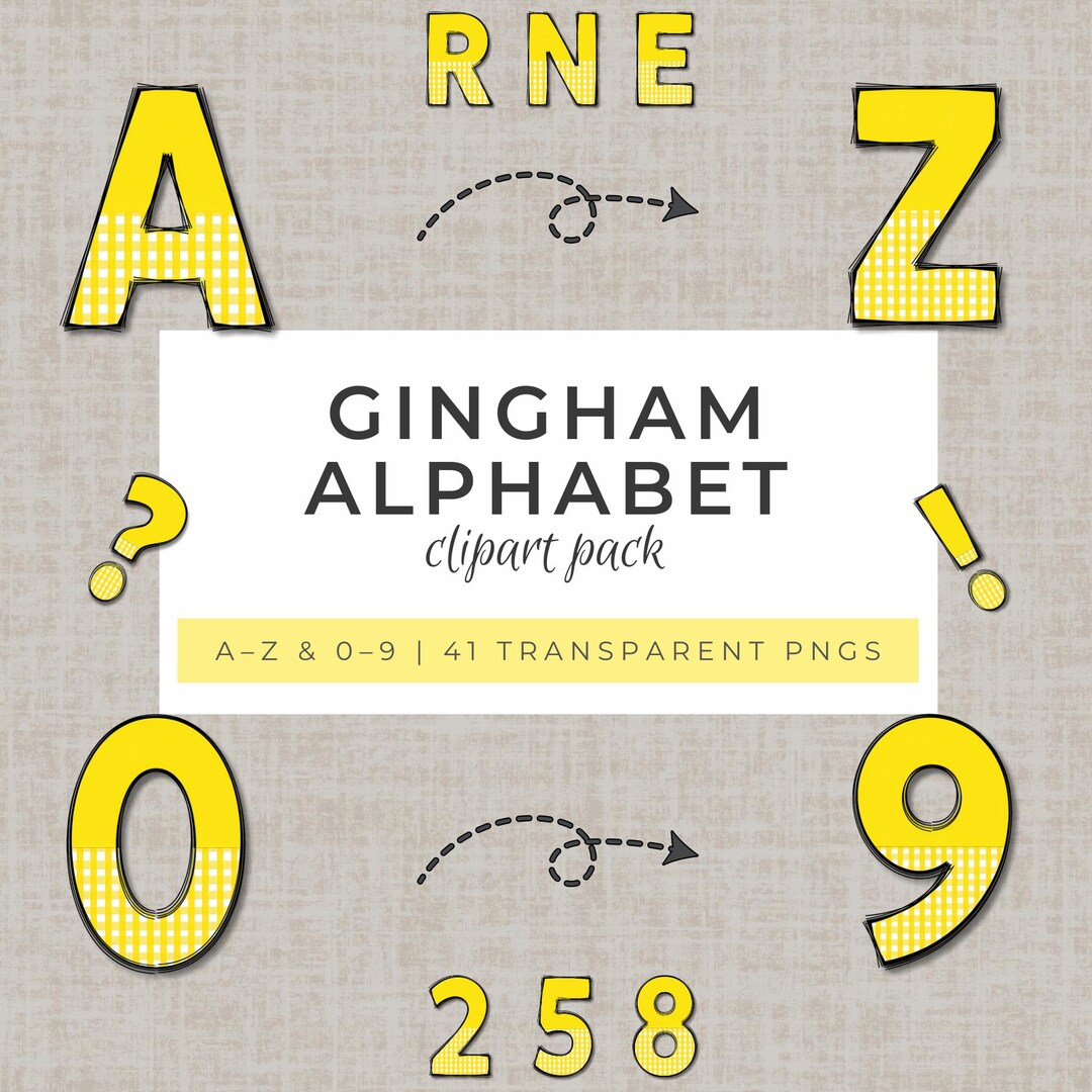 Yellow Gingham Alphabet Clipart: Letters, Numbers, Punctuation (digital ...