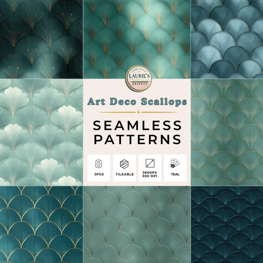 Art Deco Scallop Seamless Patterns: Elegant Teal Luxury Backgrounds and ...