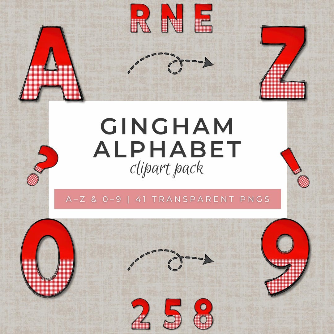 Red Gingham Alphabet Clipart: Letters, Numbers, Punctuation (digital ...