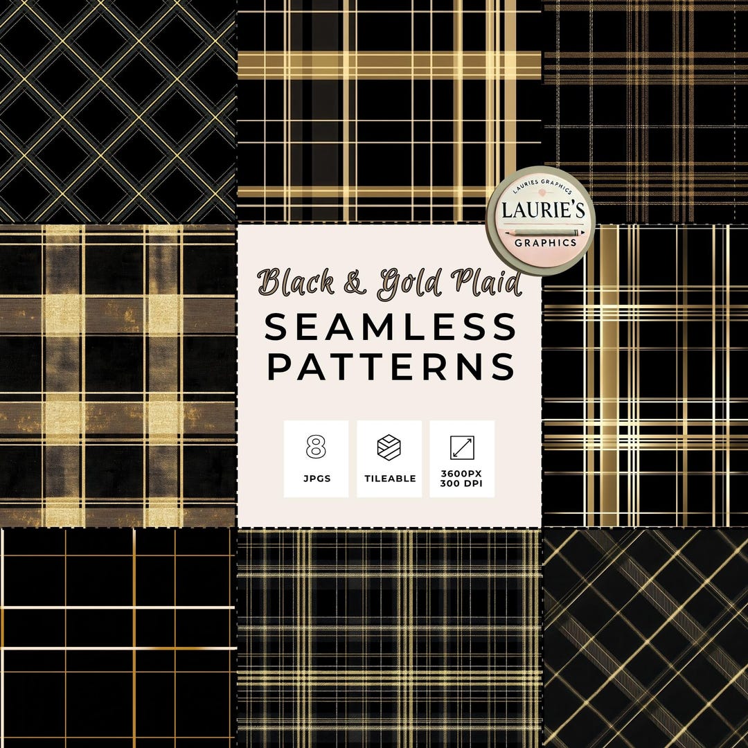 Black and Gold Plaid Seamless Patterns: Holiday Tartan Digital Paper ...