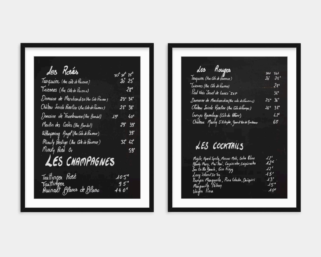 French Chalkboard Wine Menus Set of 2 Art Prints Home Bar or - Etsy