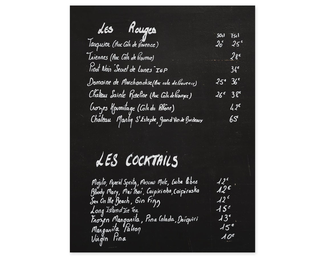 French Chalkboard Wine Menu Prints Black and White Art - Etsy UK