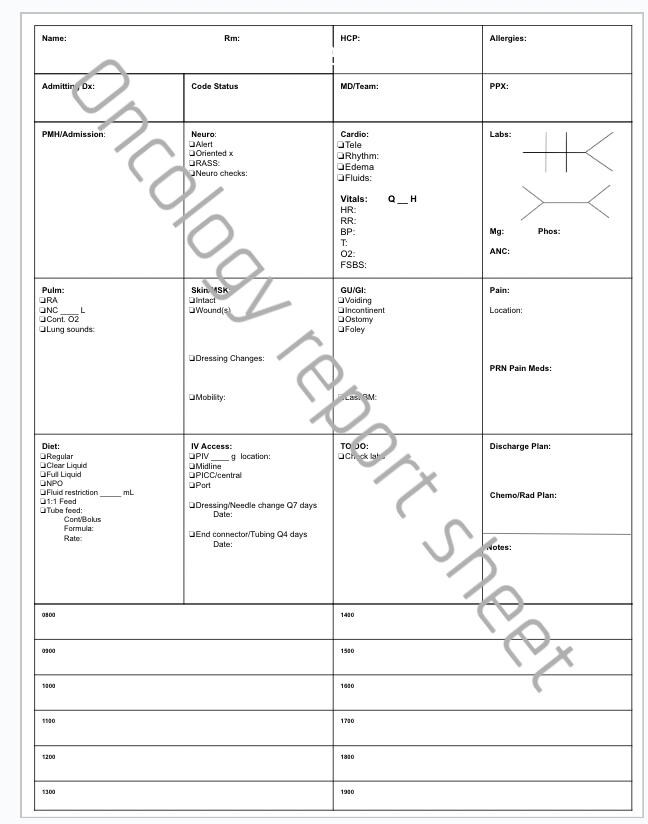 Oncology Nursing Report Sheet Day&night - 1 Patient - Etsy