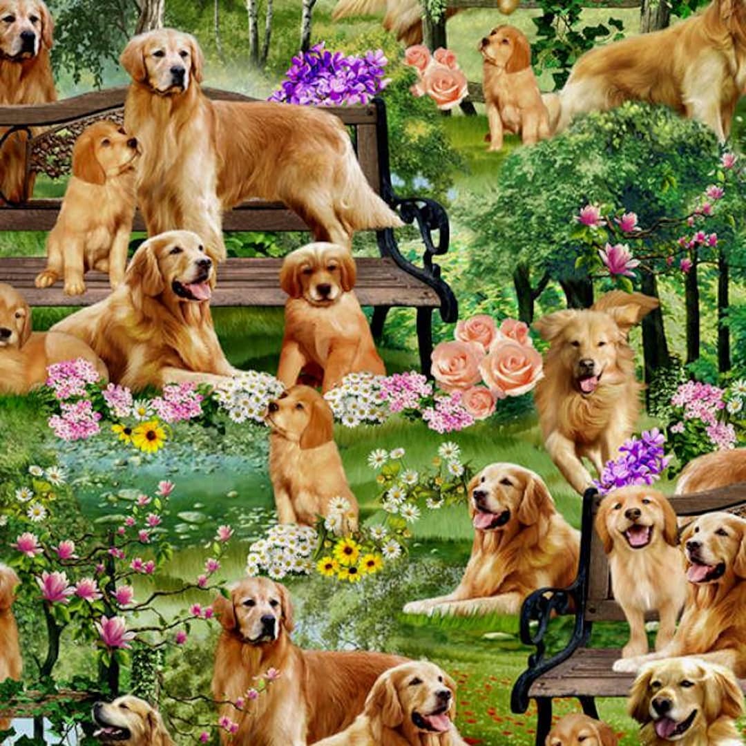 Timeless Treasures Dogs Golden Retriever Park Green Cotton Fabric by ...