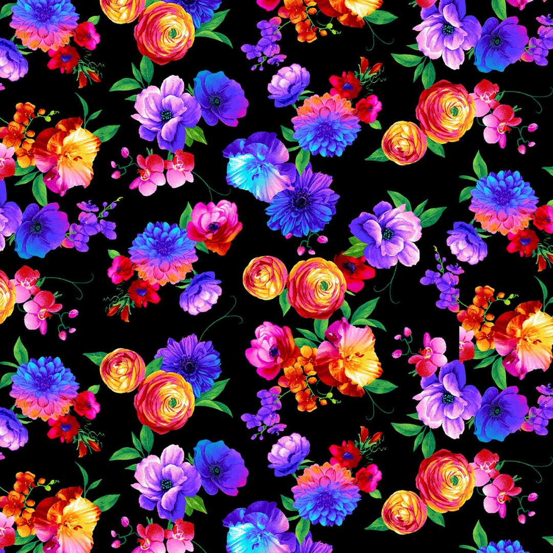 Eob~timeless Treasures~butterfly Magic~bright Floral~black~cotton ...