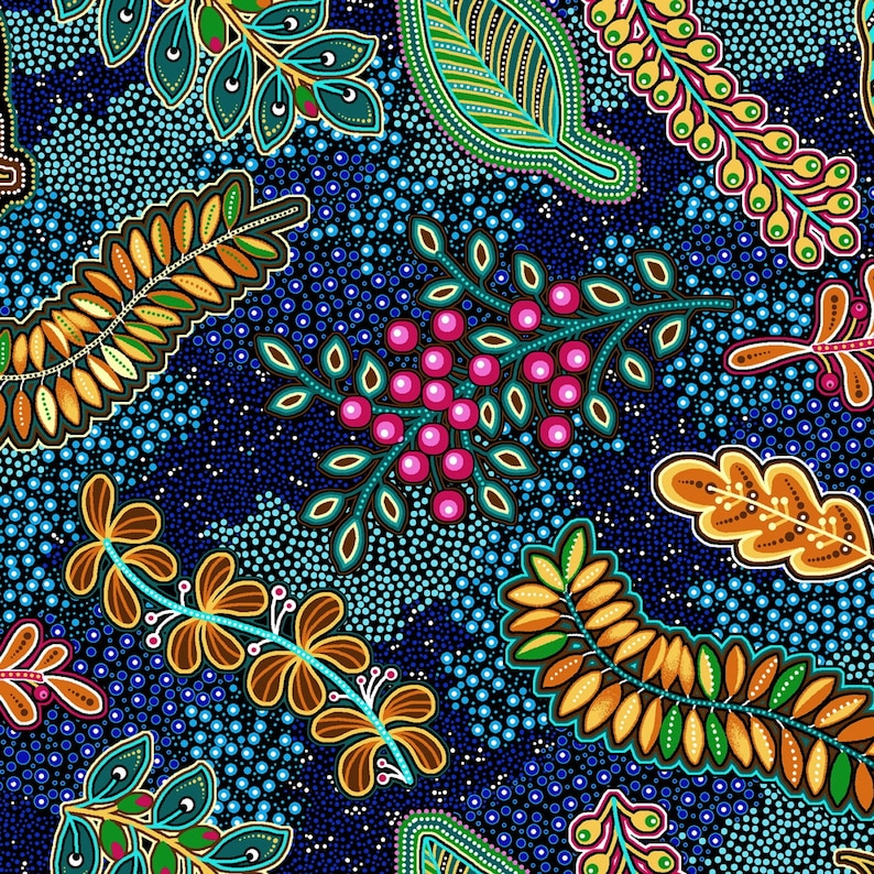 Oasis Fabrics Pannotia Leaves Digital Print Blue Cotton Fabric by the ...
