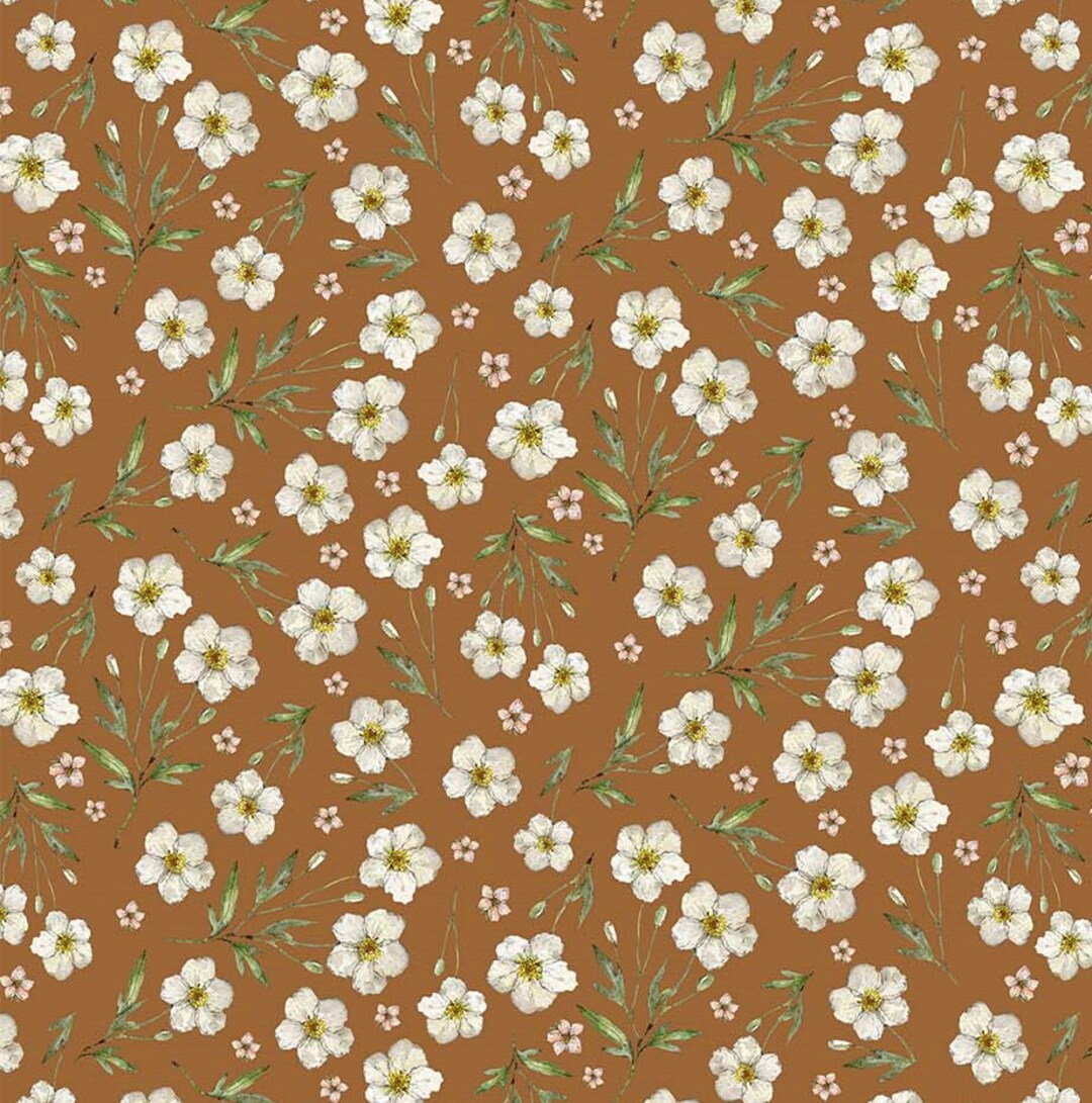 Figo Heavenly Hedgerow White Flowers Gold Cotton Fabric by the Yard or ...