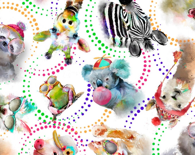 EOB~3 Wishes~road Trippin~tossed Animals~digital Print~white~cotton ...
