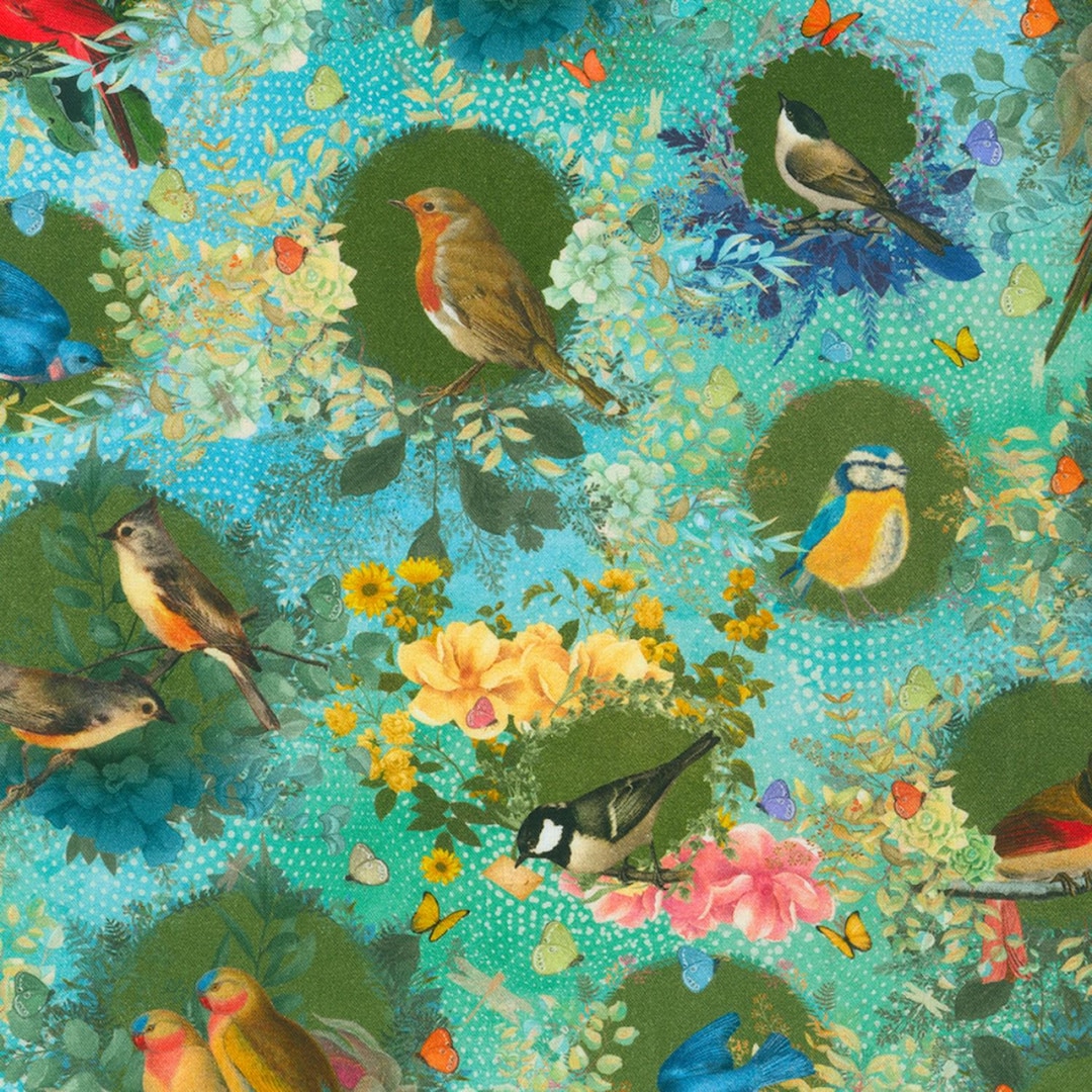 Robert Kaufman Enchanted Aviary Birds and Floral Blue Cotton Fabric by ...