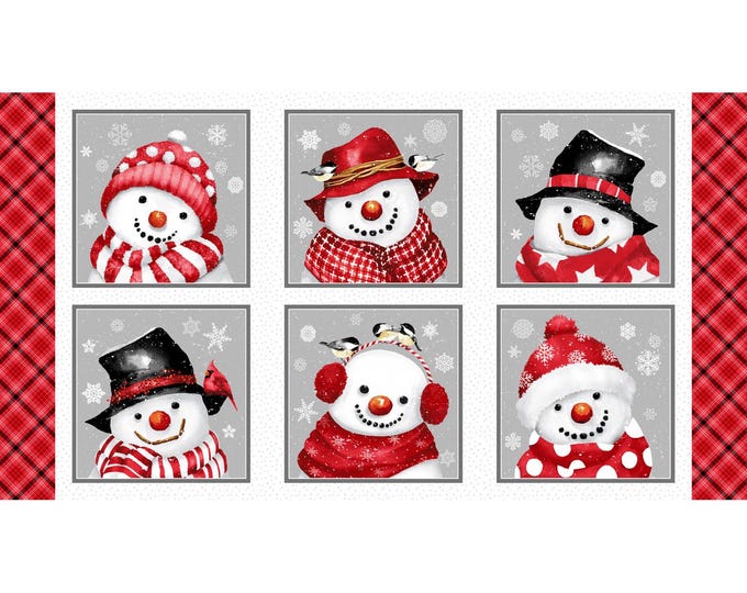 Henry Glass~snow Crew~24.25" X 43" Snowman Block Panel~red/gray~cotton ...