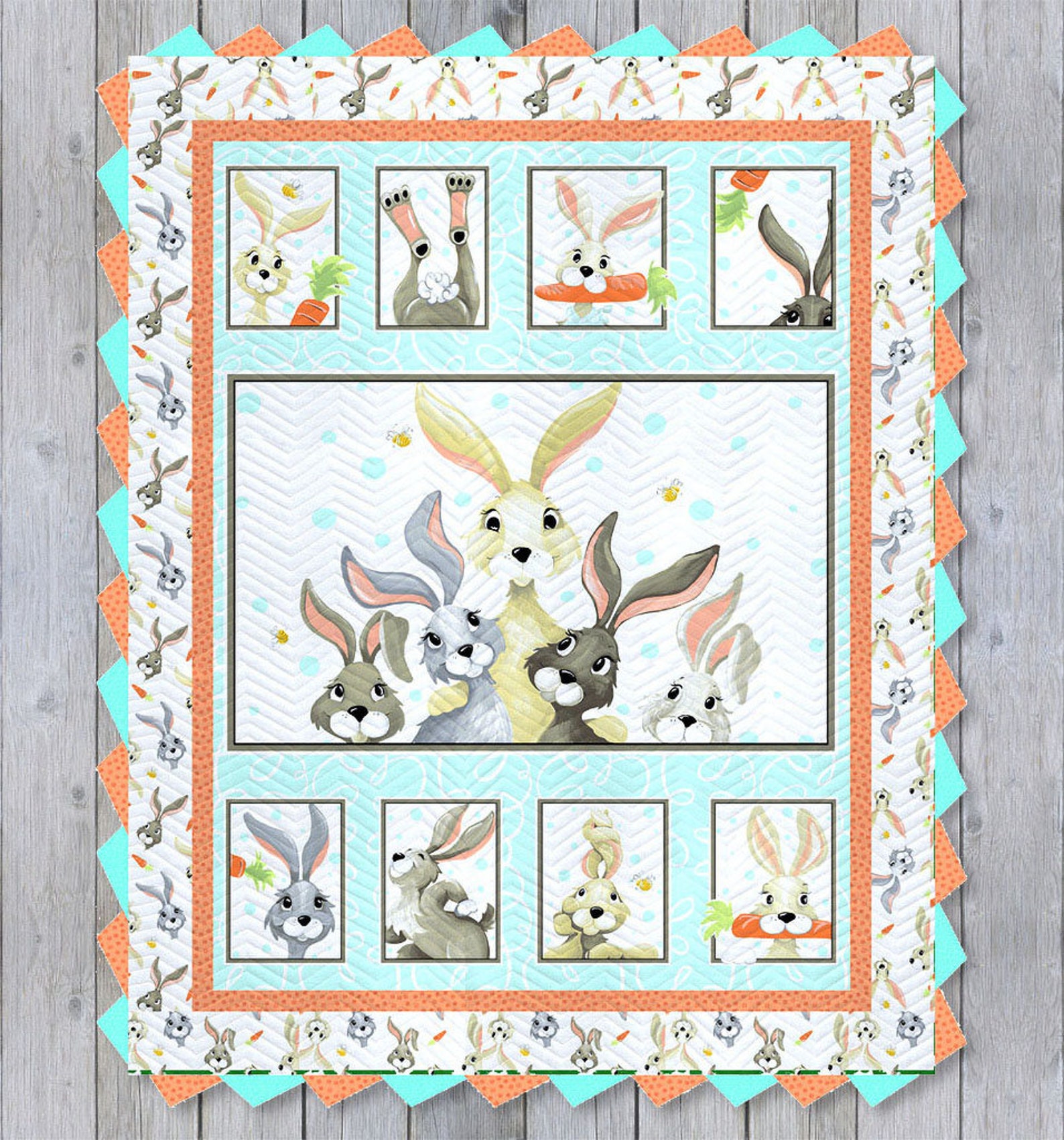 Susybee Harold the Hare Patchwork Aqua Cotton Fabric by the Yard or ...