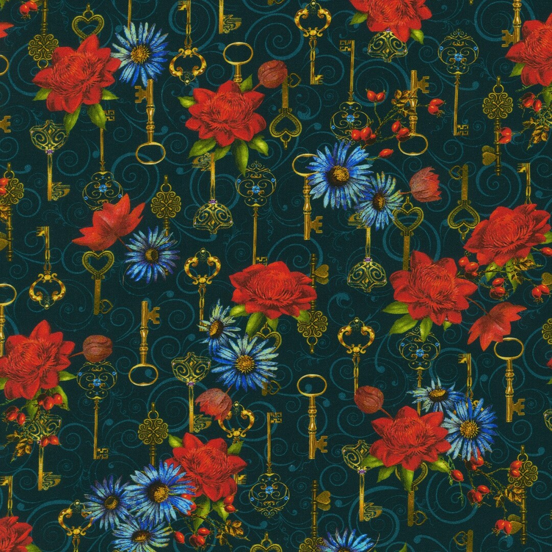 Robert Kaufman~secret Garden~keys and Floral~teal~cotton Fabric by the ...