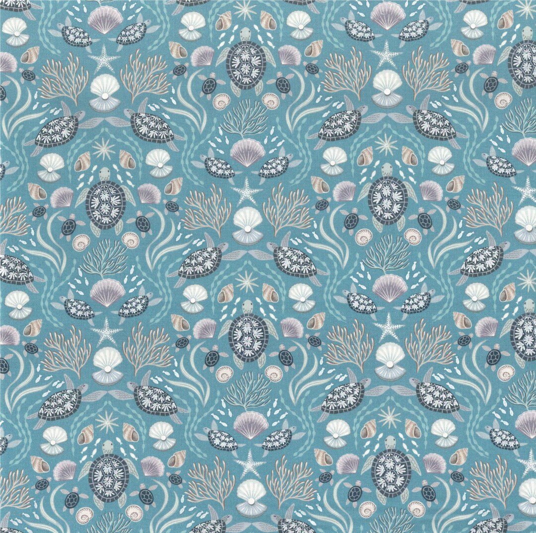 Lewis & Irene~ocean Pearls~sea Turtle Family W/ Pearl Metallic~blue~cotton Fabric by the Yard or ...