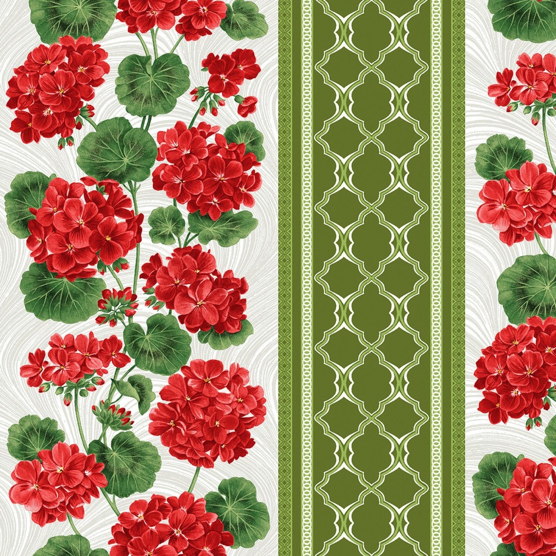 Eob~benartex~bettys Geraniums~geranium Border Stripe~green/white~cotton ...